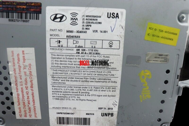 2014 Hyundai Sonata Navigation Map Radio Cd Player 96560-3Q4004X